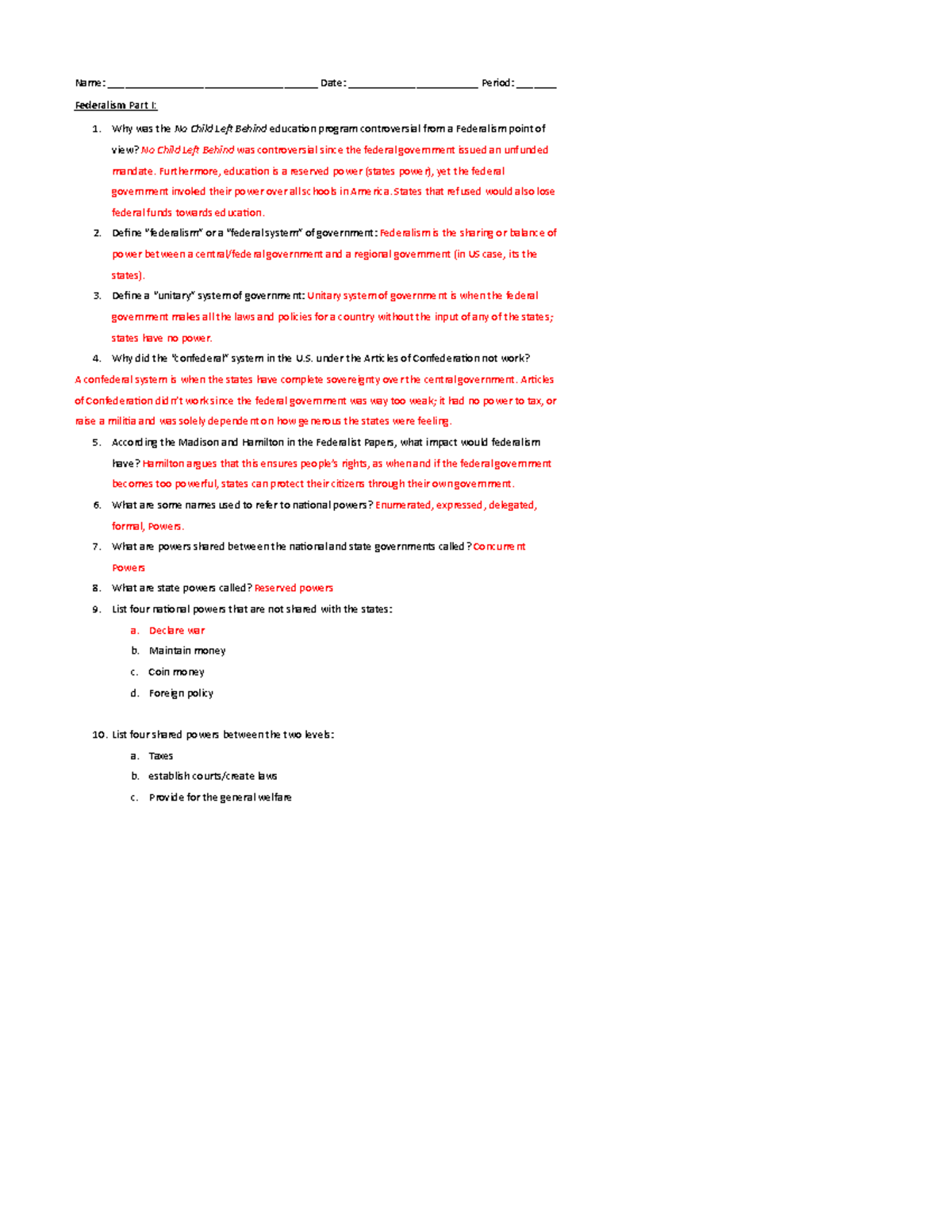 Guided Notes w Answer Key Federalism Part I - Google Docs - Name: - Studocu