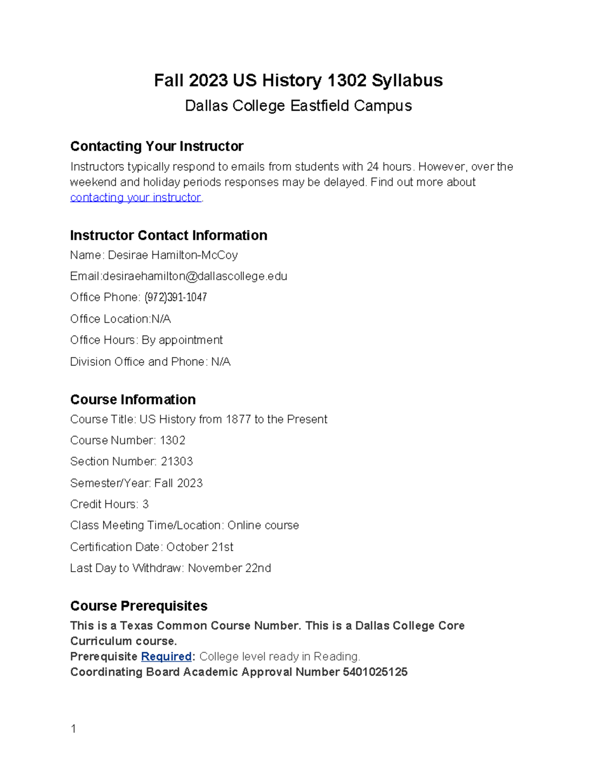 Syllabus 2022FL-HIST-1302-21303 - Fall 2023 US History 1302 Syllabus ...