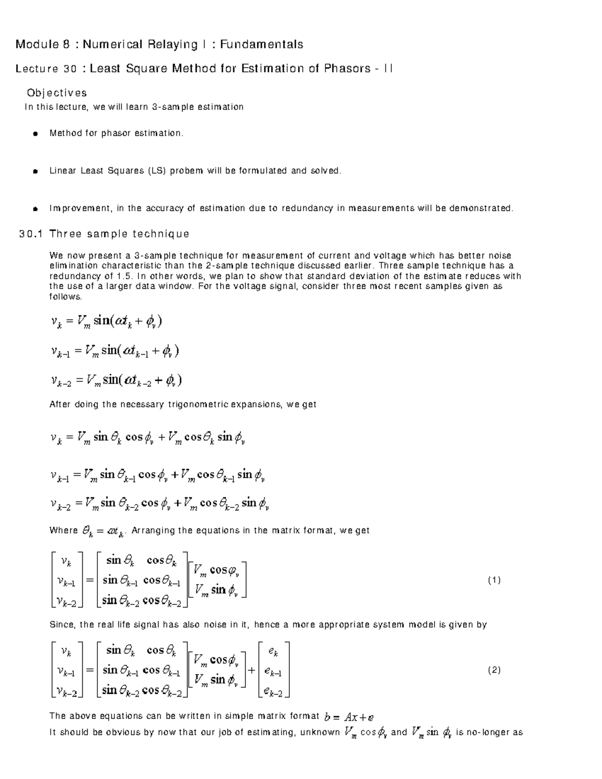 Lecture 30 Numerical Relaying I Fundamentals Of Least Square Method For Estimation Of