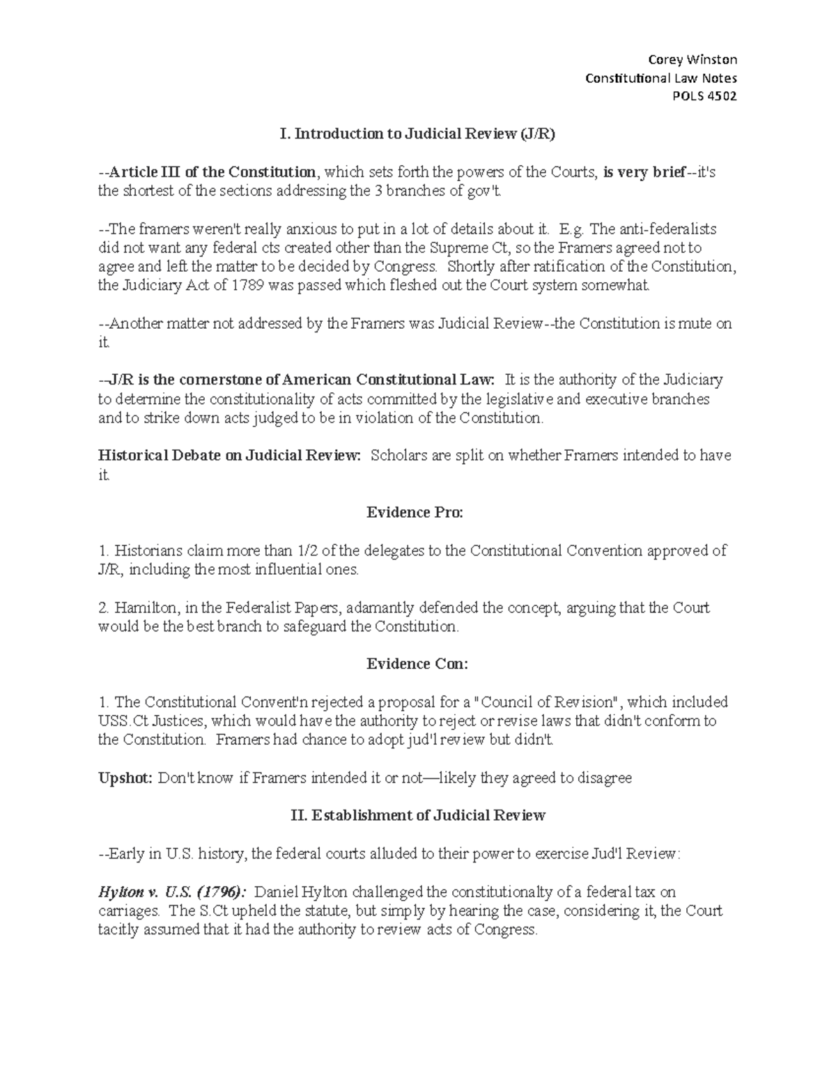 Week 1B Notes - Chapter 1 - Constitutional Law Notes POLS 4502 I ...