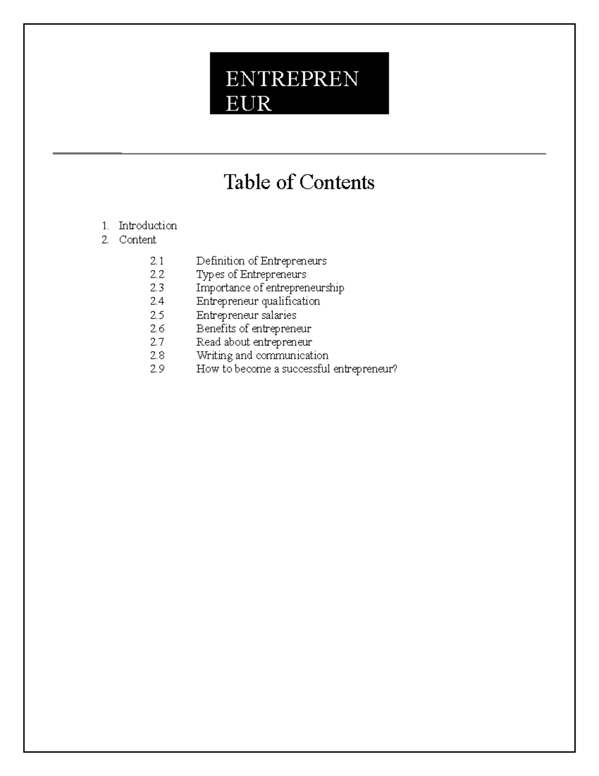 Entrepreneur Guide - Table of Contents Introduction Content 2 ...