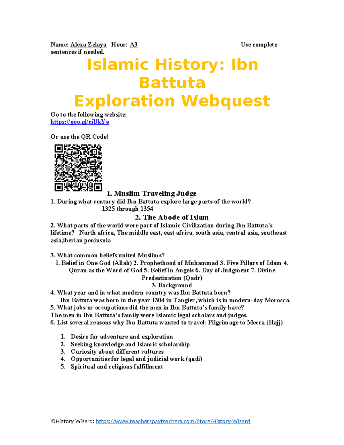 Battuta Exploration Webquest - Name: Alexa Zelaya Hour: A3 Use complete ...