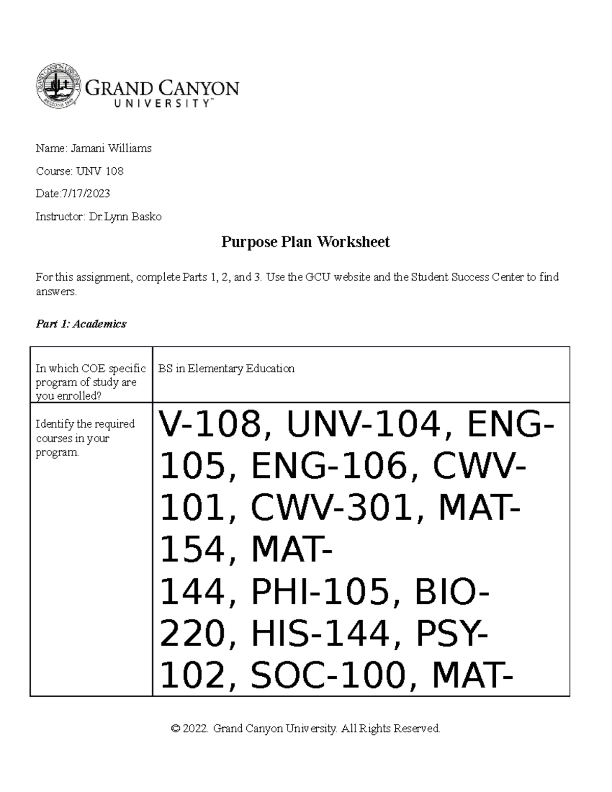 Jw - cwv 20223/2023 ds - Name: Jamani Williams Course: UNV 108 Date:7 ...