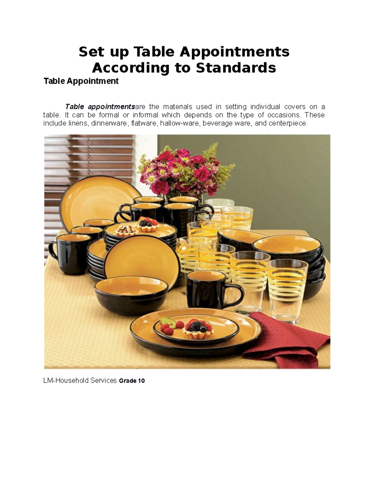 Lesson 7 - This is about Household Services - Set up Table Appointments ...