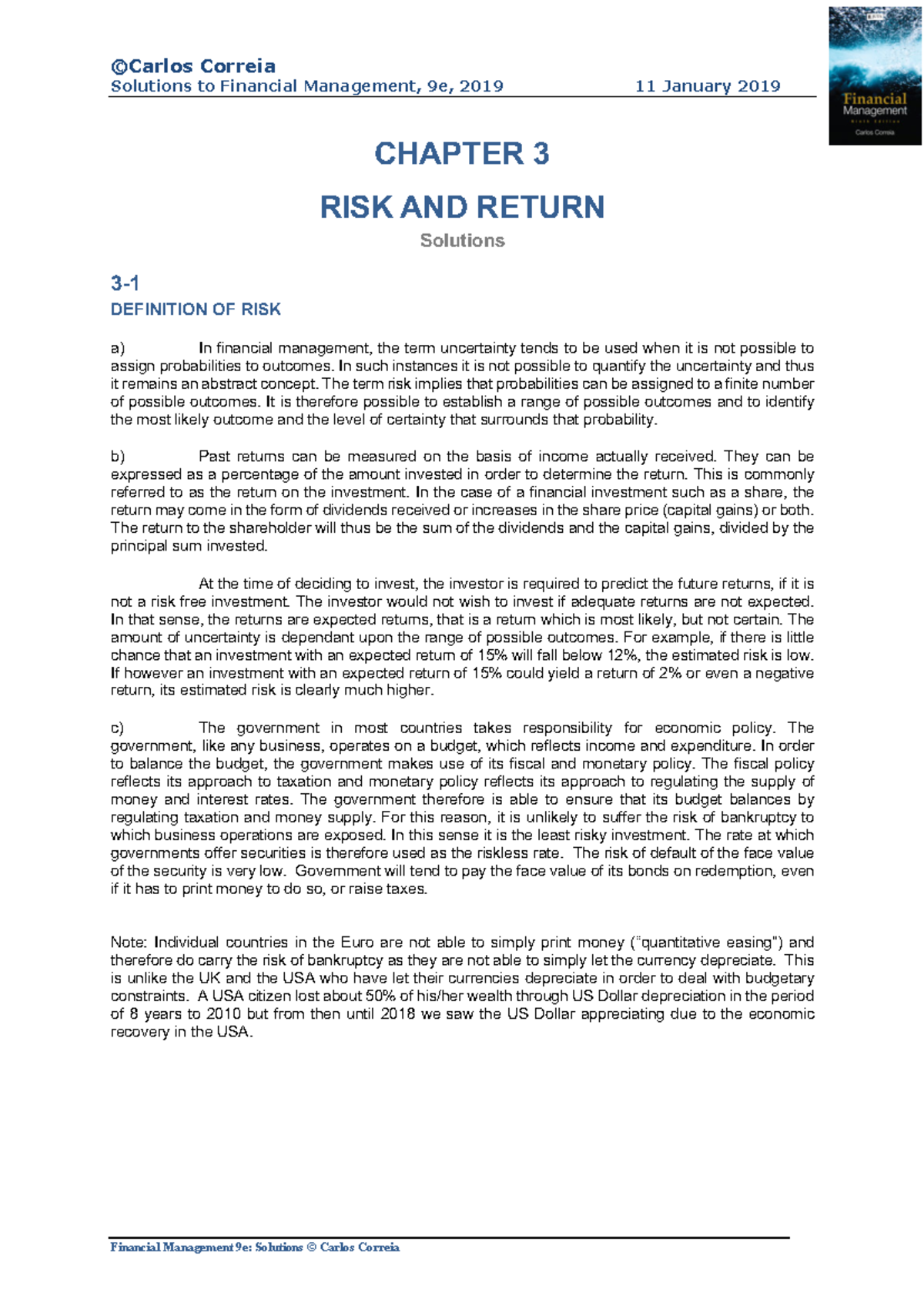 Ch03sol - risk and return memo - Solutions to Financial Management, 9e ...