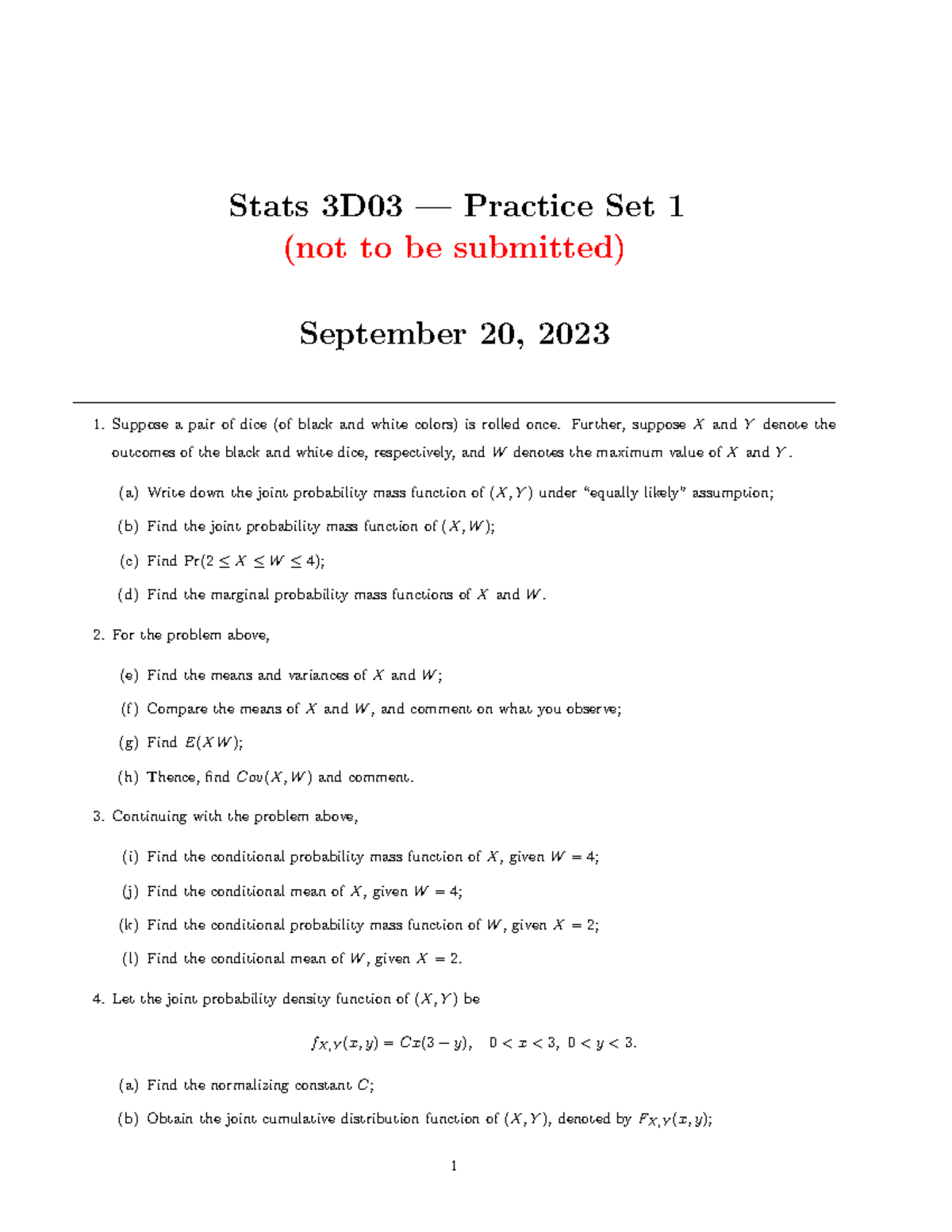 Assignment 1 - Stats 3D03 — Practice Set 1 (not to be submitted ...