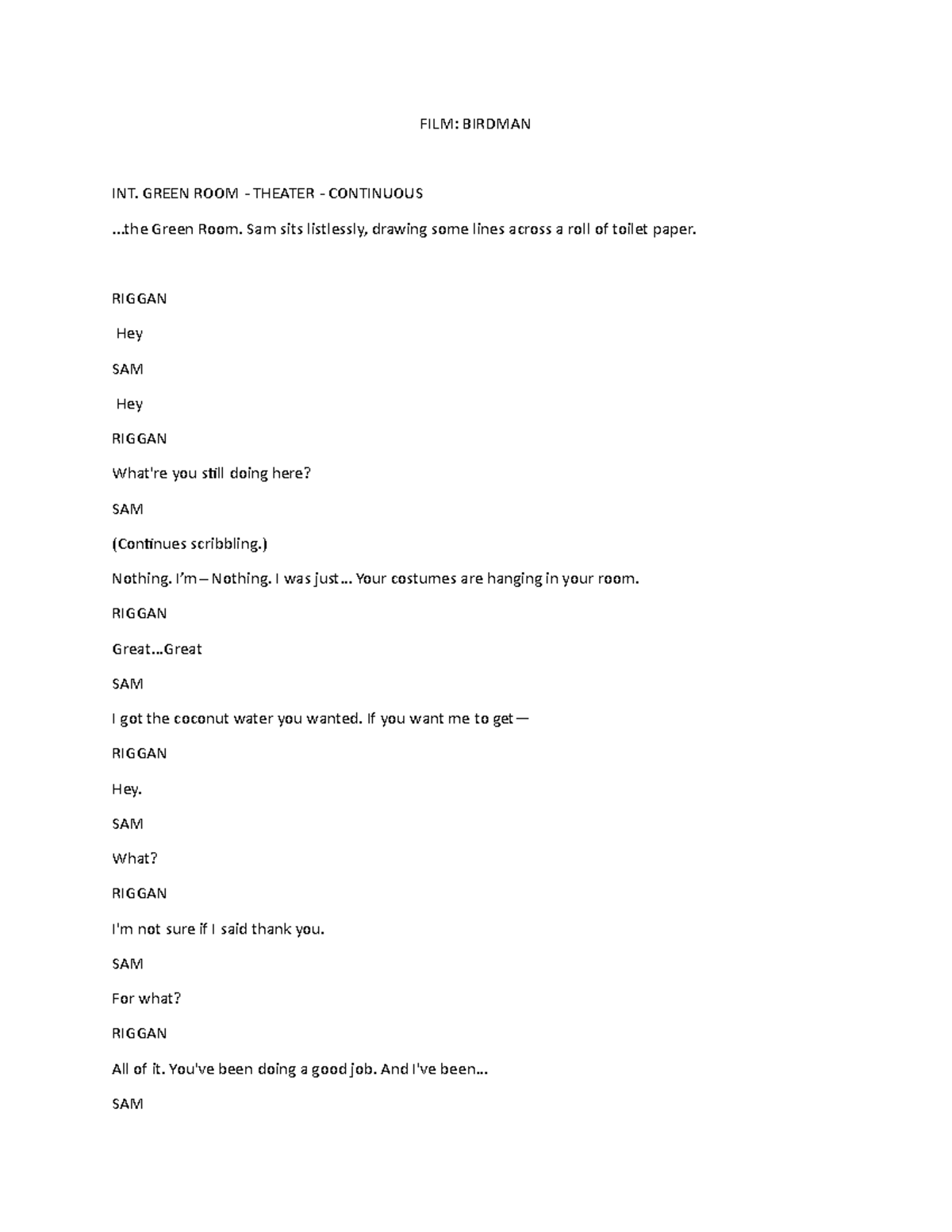 Birdman - monologue - FILM: BIRDMAN INT. GREEN ROOM - THEATER ...