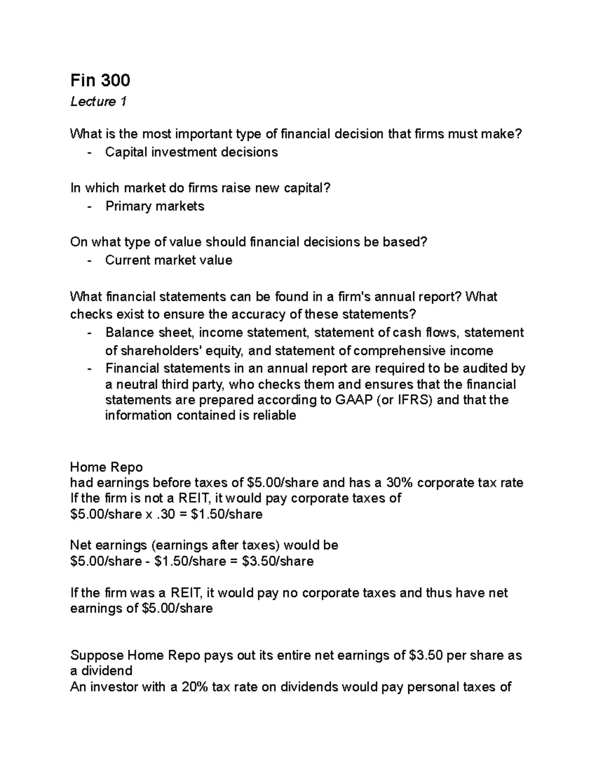 FIN 300 - FIN 300 lecture notes from week 1 - 12 - Fin 300 Lecture 1 ...