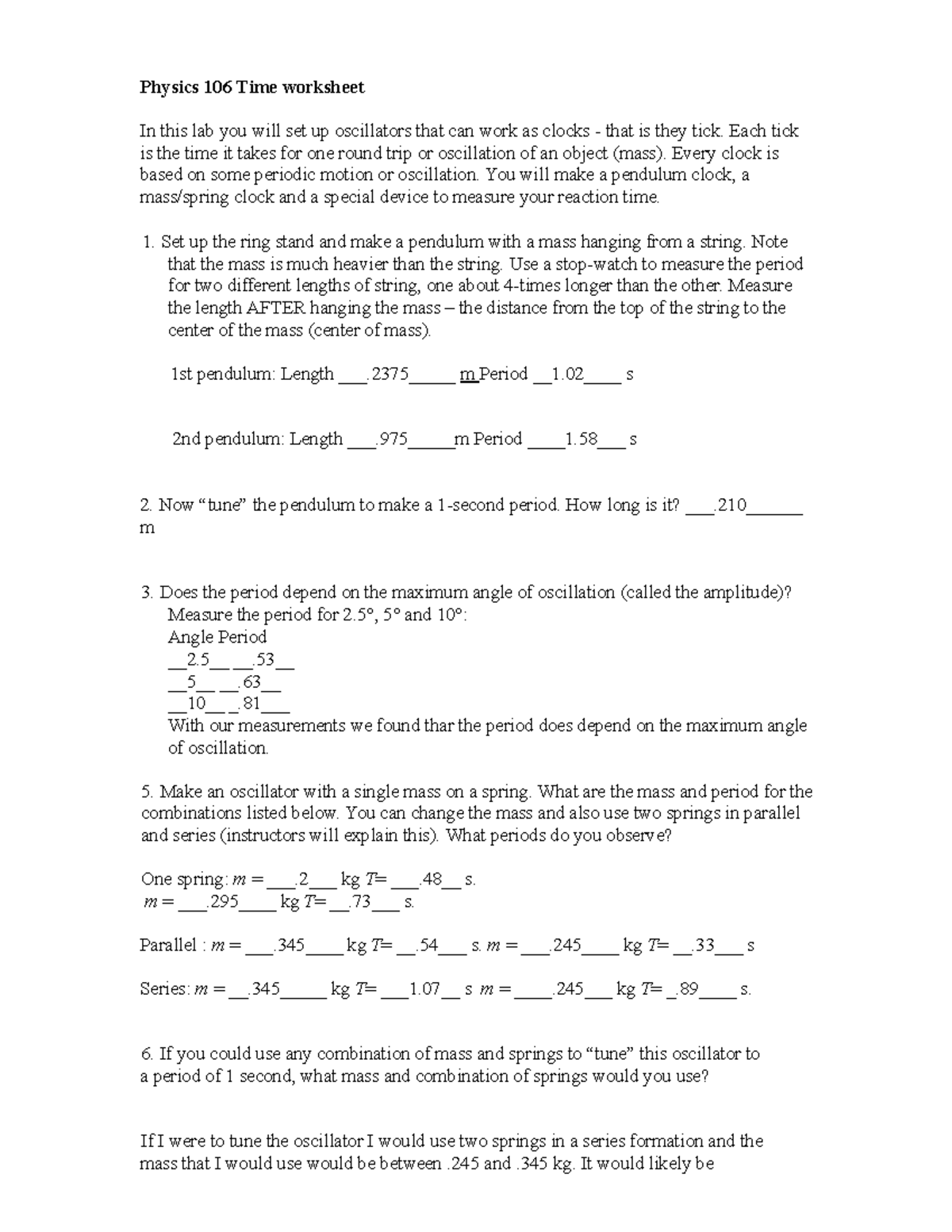 4. Time Worksheet W 22In Person - Physics 106 Time worksheet In this lab you will set up ...