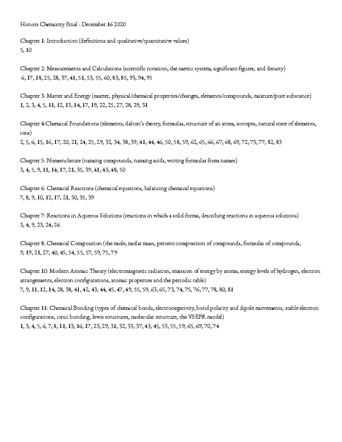Chemsitry sem finals study guide topics - Honors Chemistry Final ...