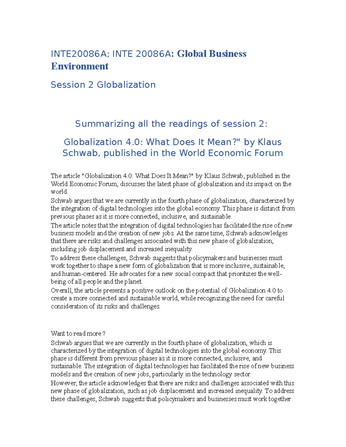 INTE2008 6 A - resumé des articles du cours 2 de GBE; Globalization 4.0 ...
