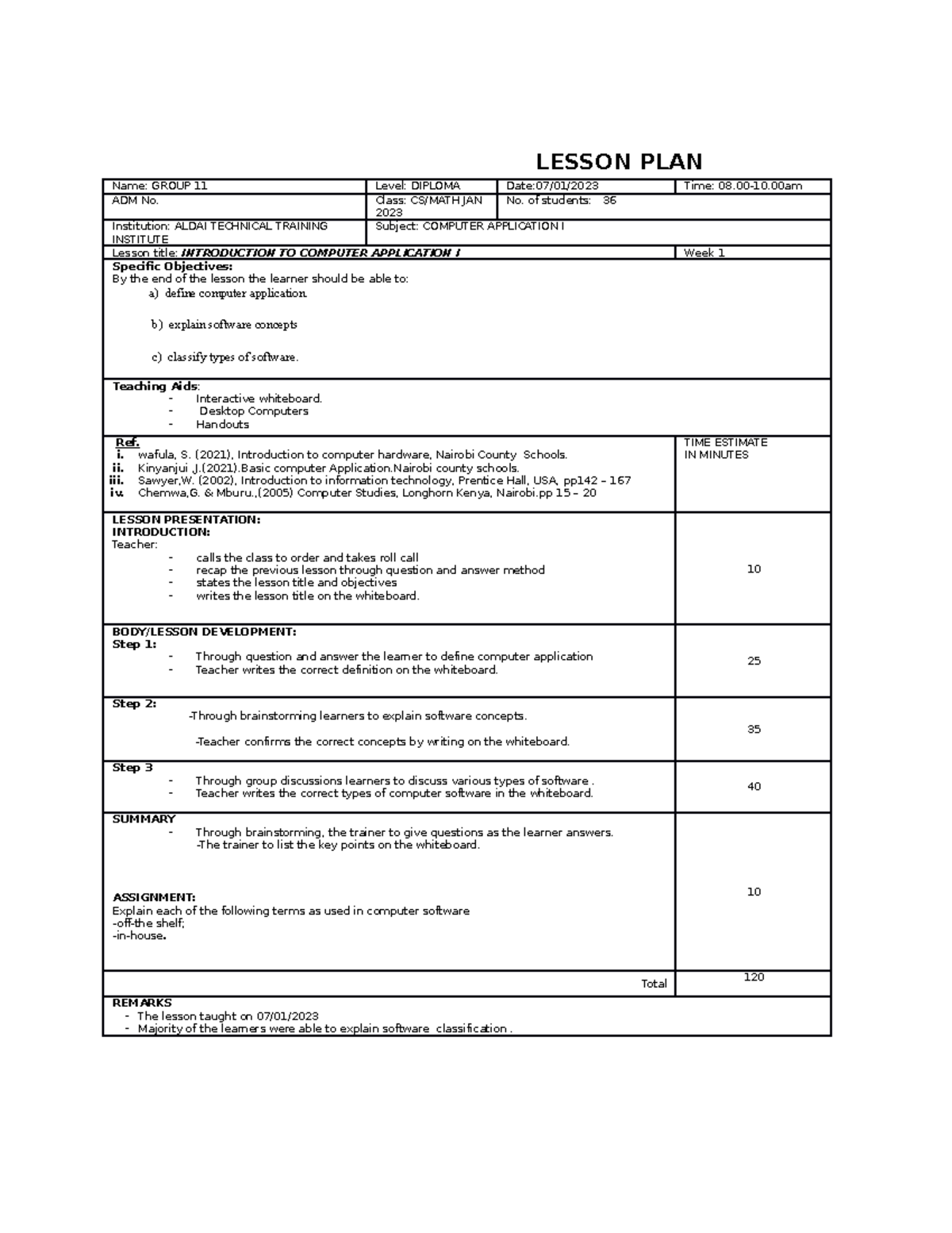 Lesson PLAN 1^02 - sfsf - LESSON PLAN Name: GROUP 11 Level: DIPLOMA ...