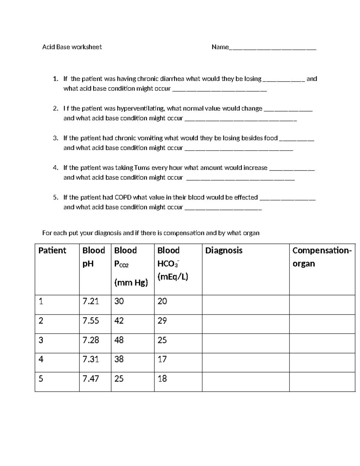 Acid Base worksheet - homework - Acid Base worksheet Name ...
