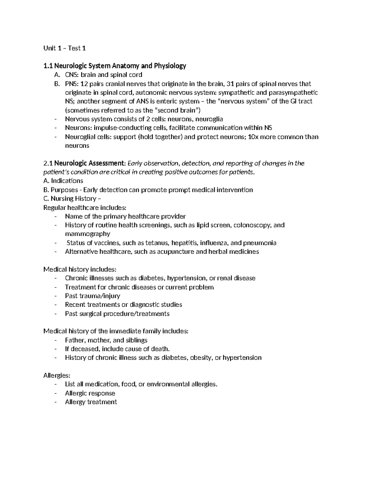 Unit 1 Test 1 - class notes - Unit 1 – Test 1 1 Neurologic System ...