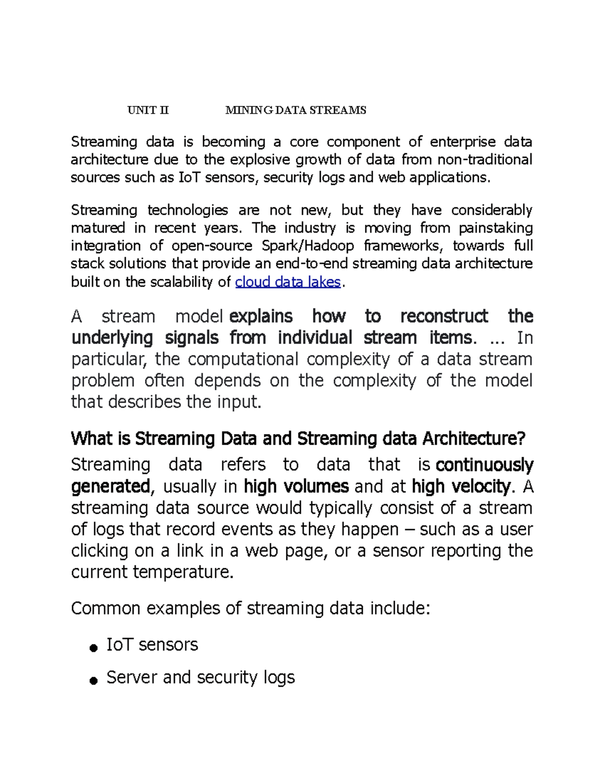 UNIT 2 Mining DATA Streams - UNIT II MINING DATA STREAMS Streaming data is becoming a core ...