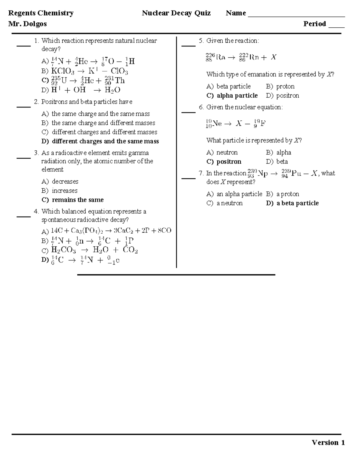 Quiz - nuclear decay eqns T1 - Regents Chemistry Nuclear Decay Quiz ...