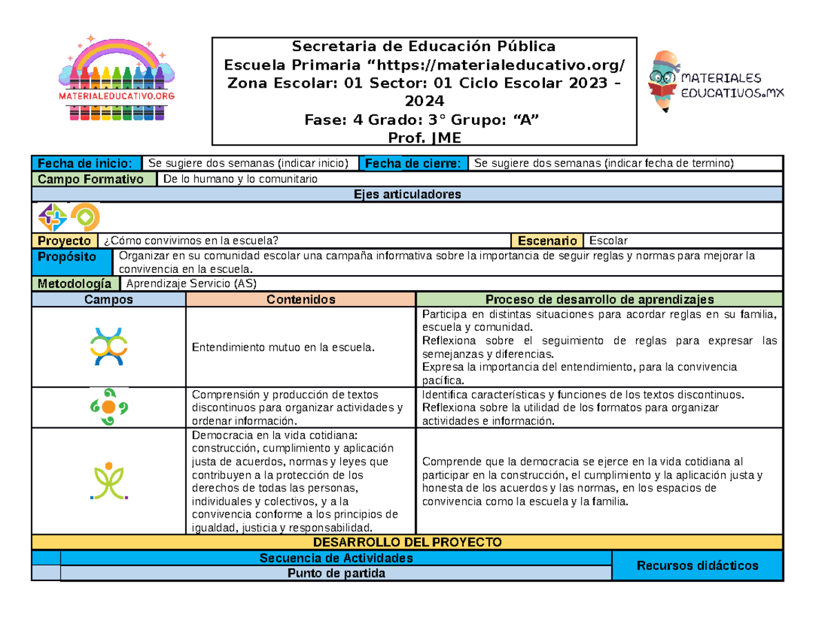 Proyecto 3er Grado Cómo convivimos en la escuela - Fecha de inicio: Se ...