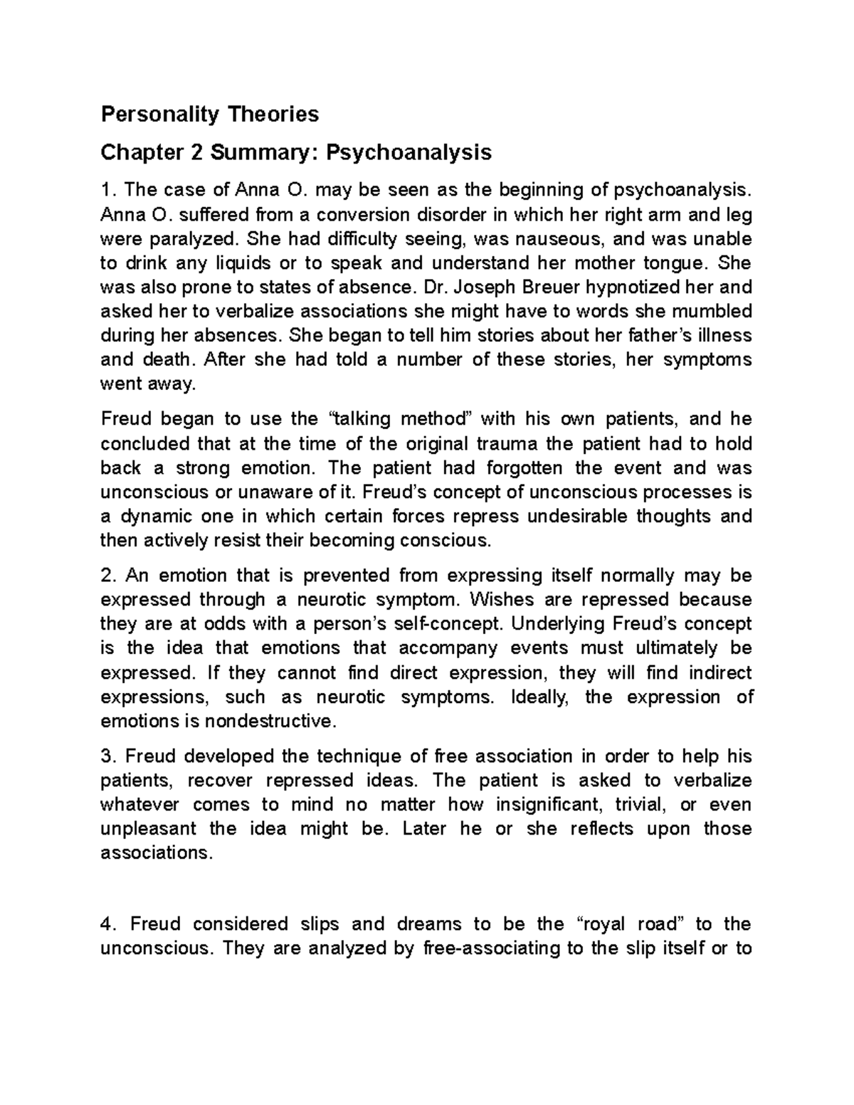 Psychoanalysis - Summary - Personality Theories Chapter 2 Summary ...