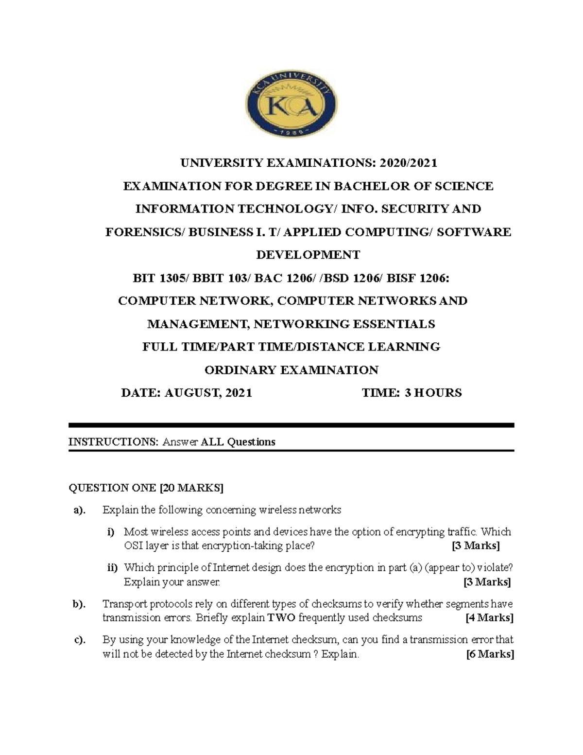 BIT 1305 BBIT 103 BAC 1206 BISF 1206 BSD 1206 Computer Network ...
