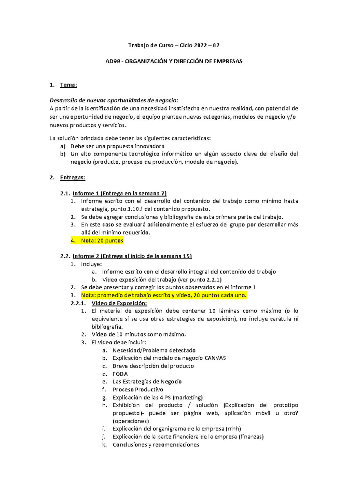 Rubrica Trabajo Final Análisis Empresarial 2022-02 VF - Trabajo de Curso – Ciclo 2022 – 02 AD99 ...