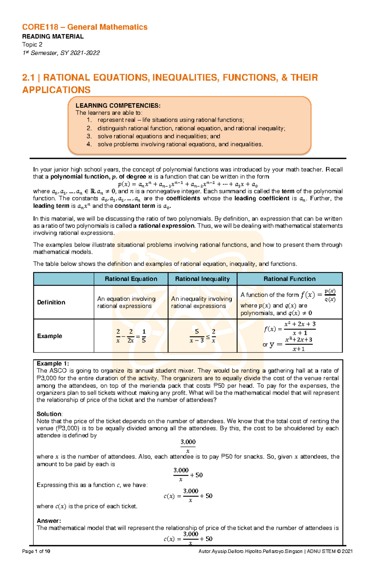 2.1 Rational Equations, Inequalities, and Its Applications - READING ...
