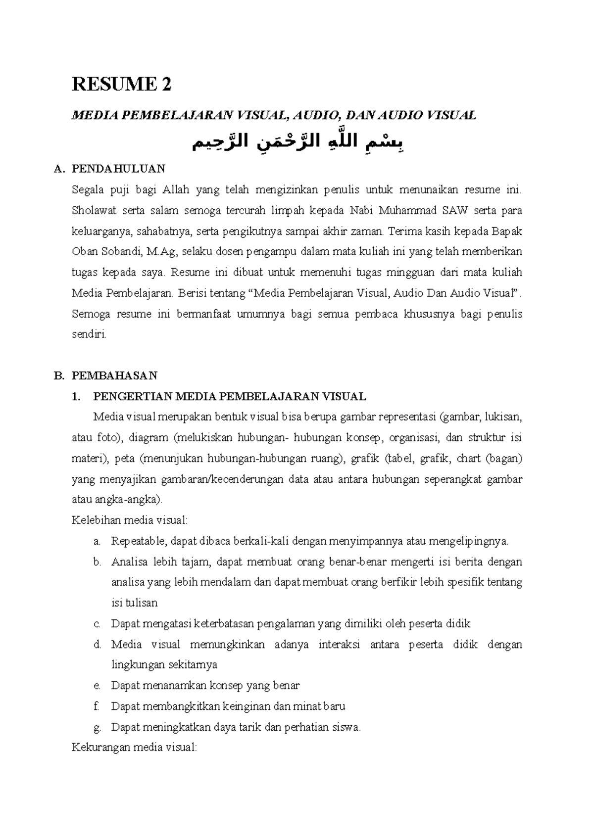 Media Pembelajaran Visual Audio Dan Audio Visual Resume 2 Media