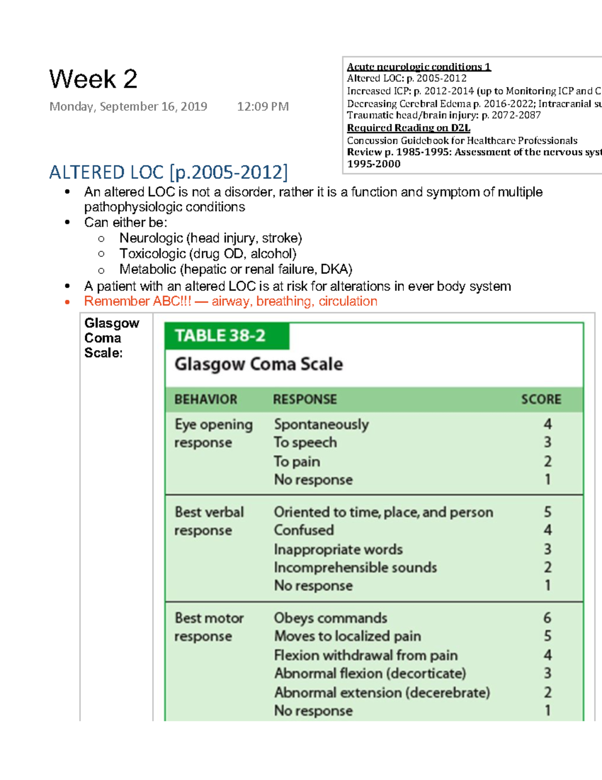 Altered Level of Consciousness - ALTERED LOC [p-2012] An altered LOC is ...