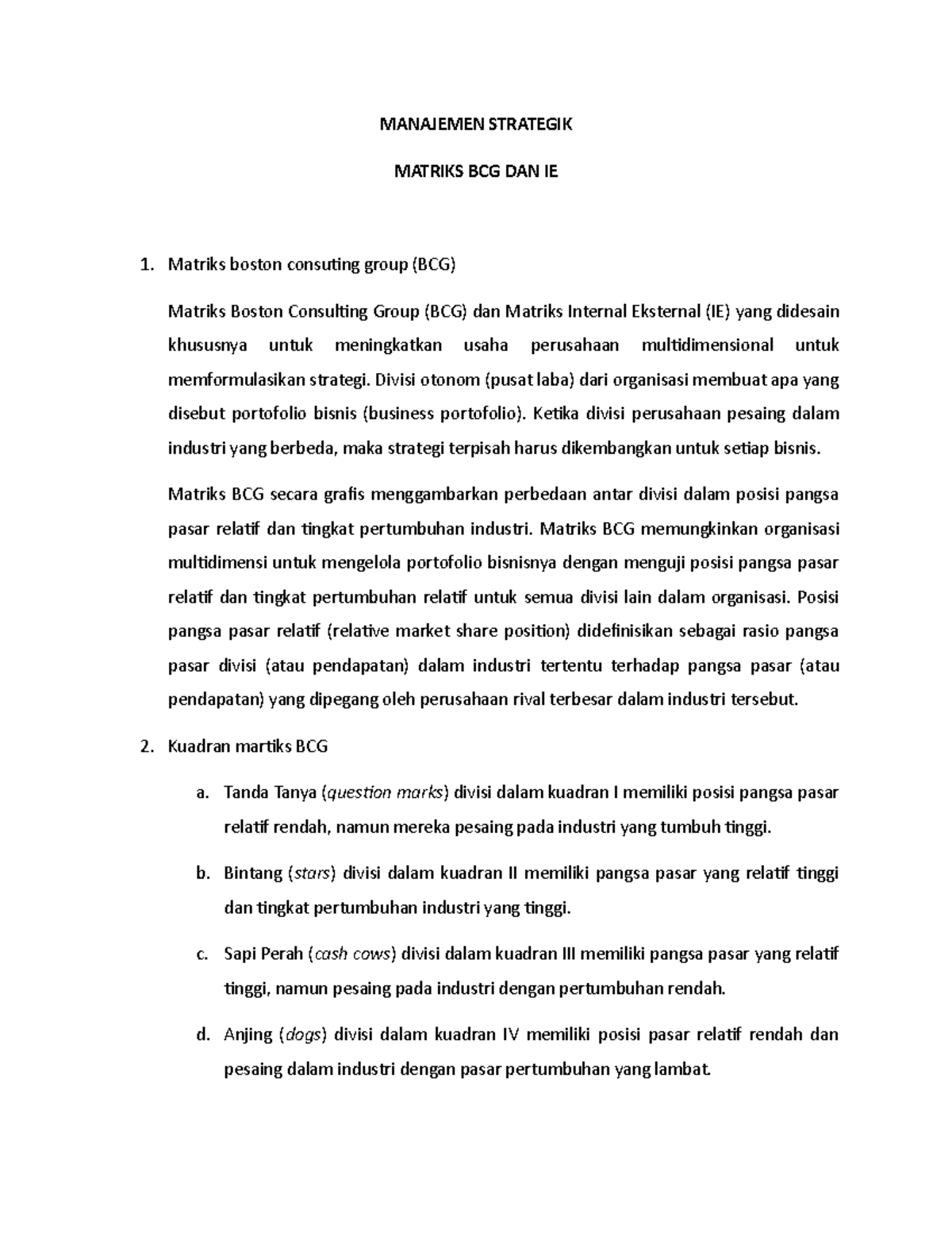 Manajemen Strategik BCG DAN IE - MANAJEMEN STRATEGIK MATRIKS BCG DAN IE ...
