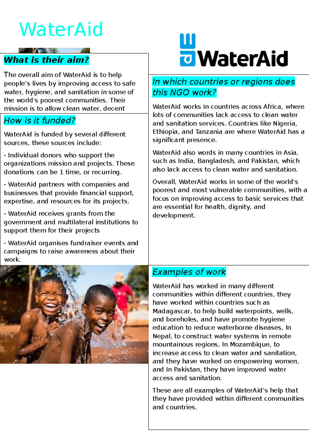 Water Aid - WaterAid What is their aim? The overall aim of WaterAid is ...
