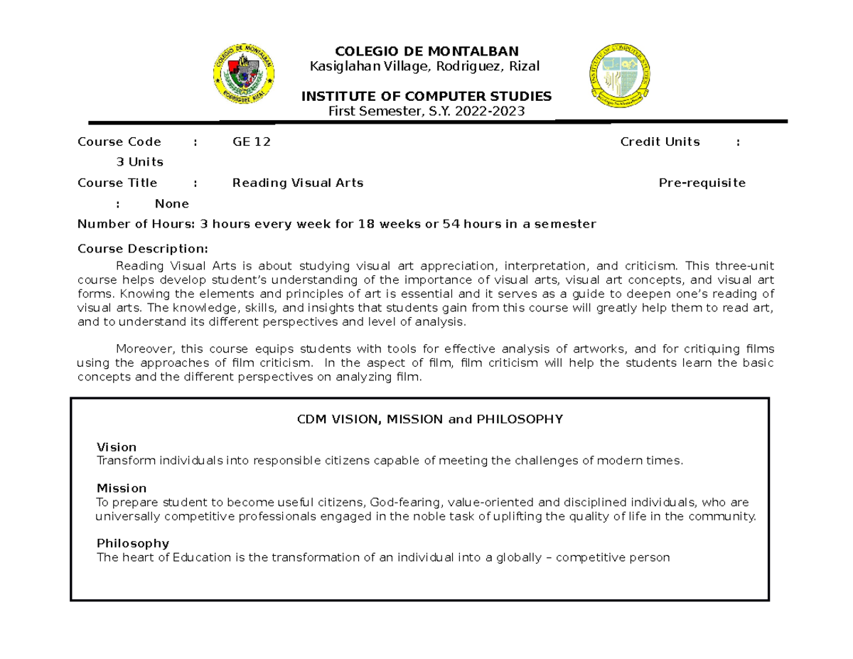 Reading Visual ARTS Syllabus - COLEGIO DE MONTALBAN Kasiglahan Village ...