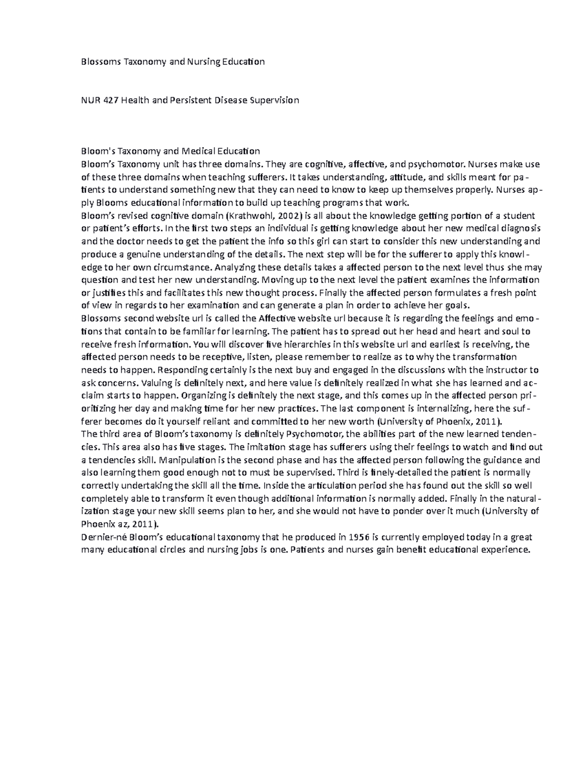 NUR 427 Blooms Taxonomy and Nursing Education 1 - Blossoms Taxonomy and ...