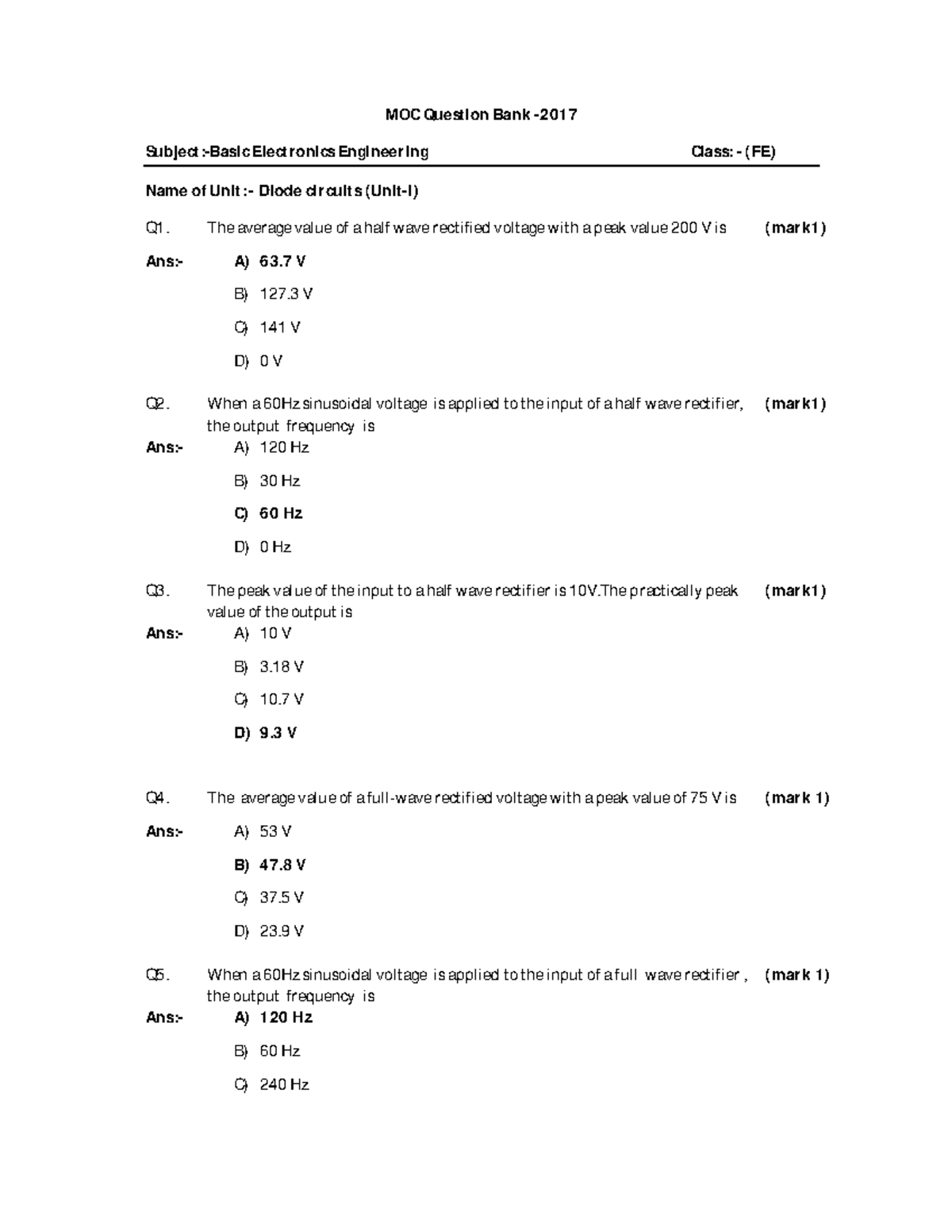 Qb- mock bxe unit1 - MOC Question Bank - Subject:-Basic Electronics ...