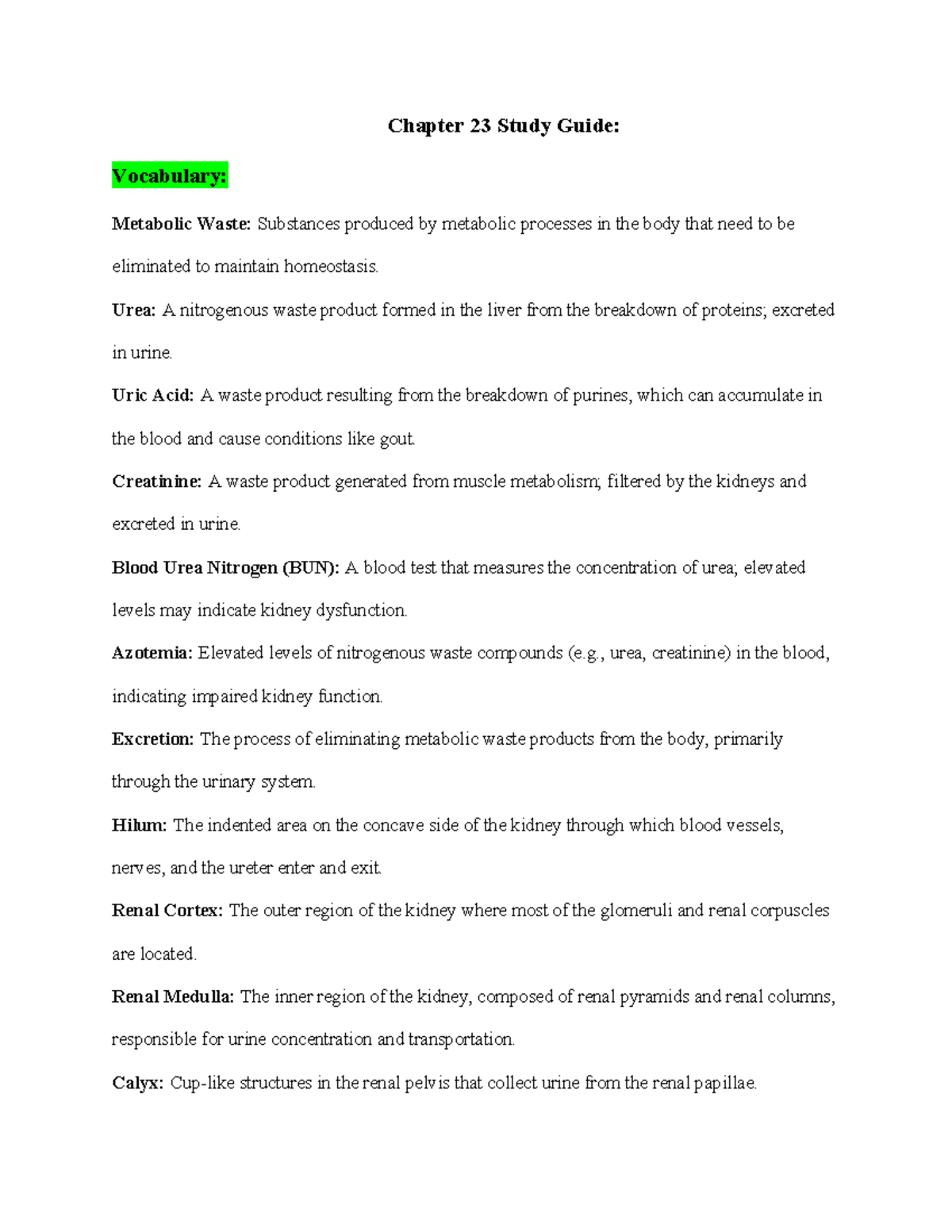 Chapter 23 Study Guide - Urinary system - Chapter 23 Study Guide ...