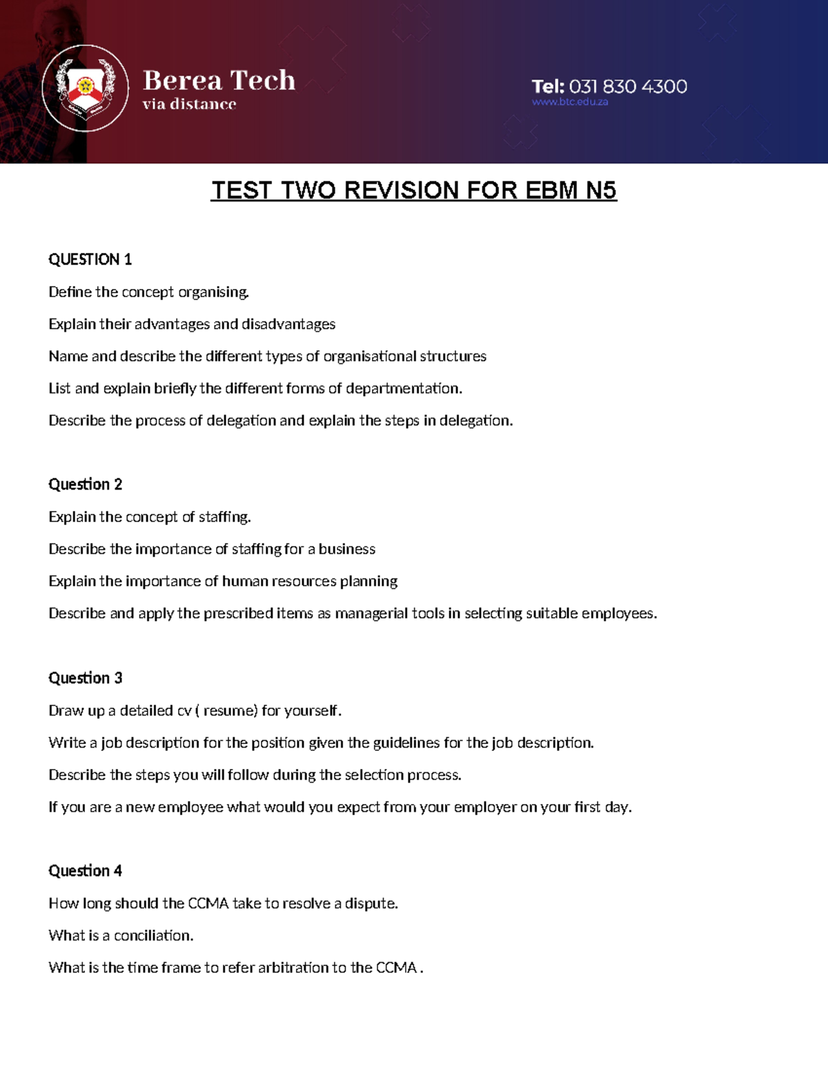 Revision FOR EBM N5 Exams - TEST TWO REVISION FOR EBM N QUESTION 1 ...
