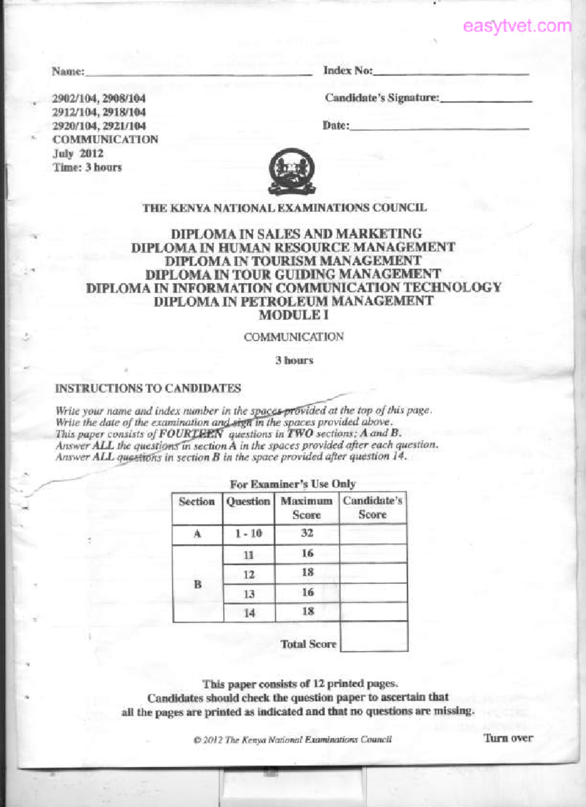 2012 july - Knec past paper - easytvet Name: Index No: Signature: Date ...