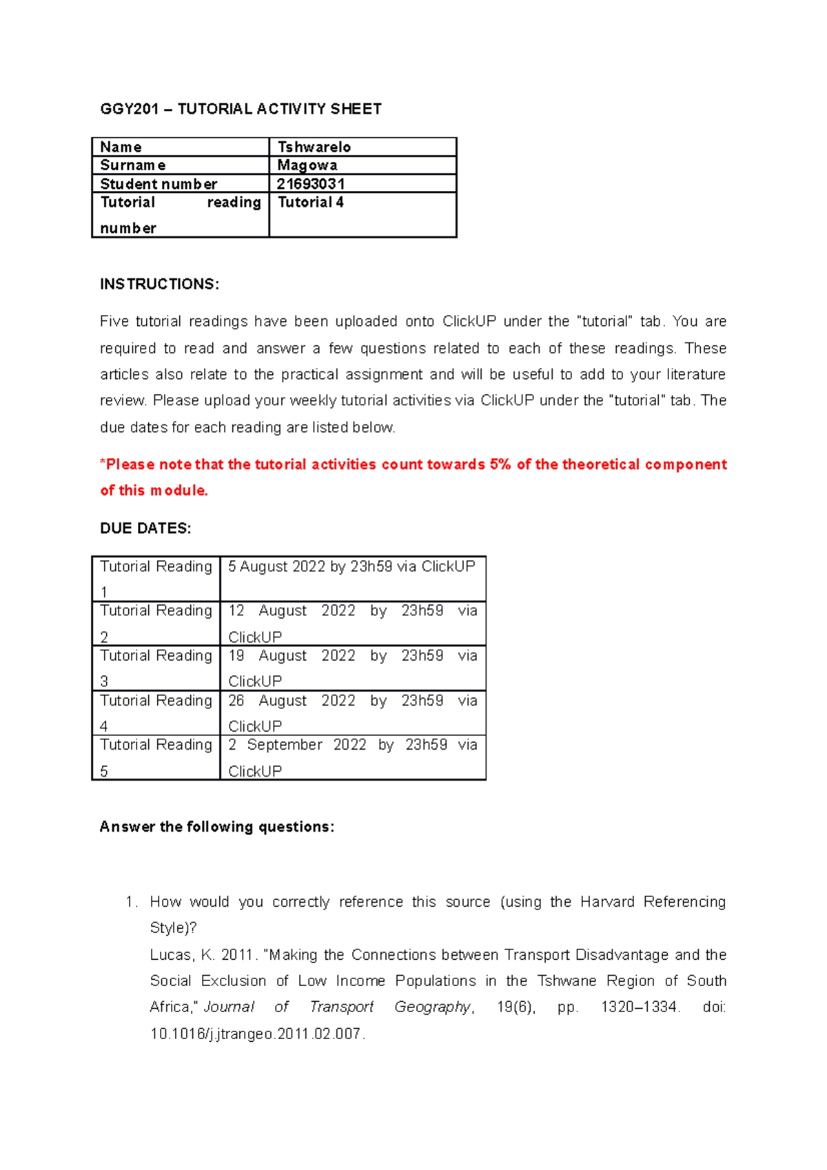 GGY201 Tutorial Activity 4 Tshwarelo - GGY201 – TUTORIAL ACTIVITY SHEET ...