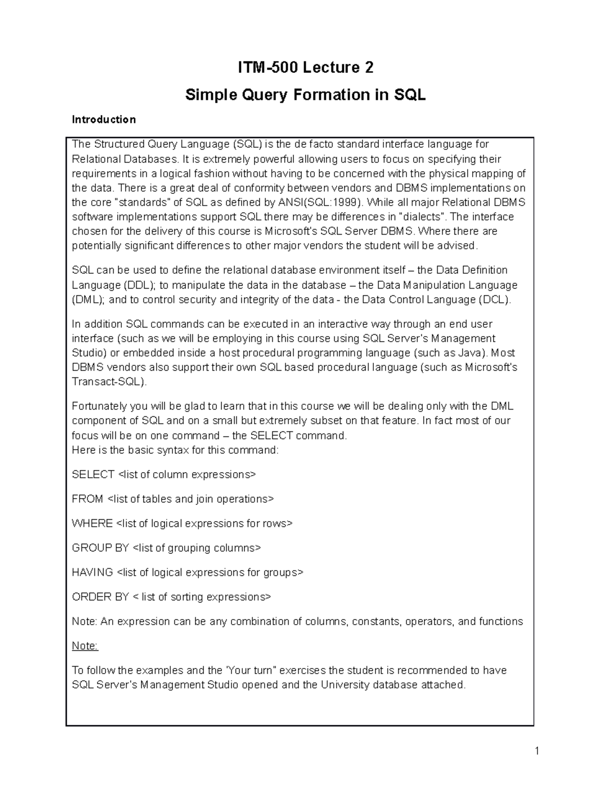 Lecture 2 Simple Query Formation in SQL - ITM-500 Lecture 2 Simple Query Formation in SQL - Studocu