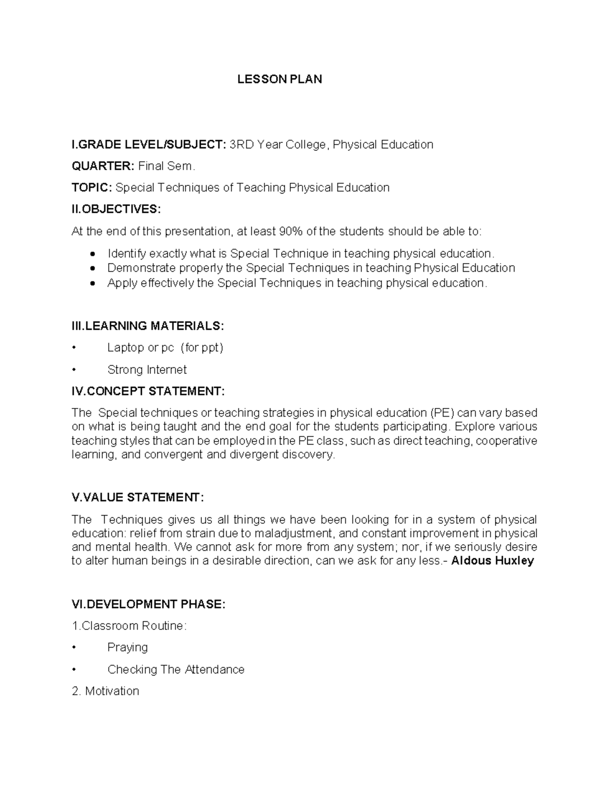 Microteaching - lesson plans and teaching demo - LESSON PLAN I LEVEL ...