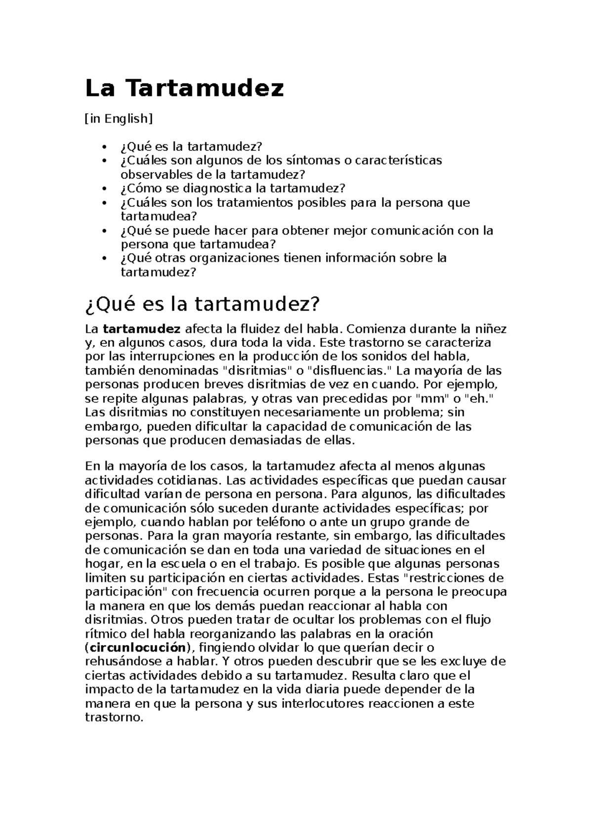 Documento Tartamudez ASHA - La Tartamudez [in English] ¿Qué es la ...