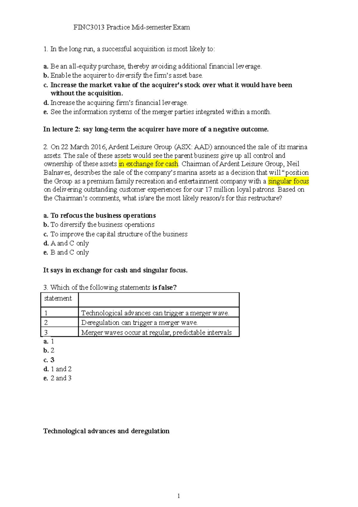 FINC3013 Sample mid-semester exam questions-2 - In the long run, a ...
