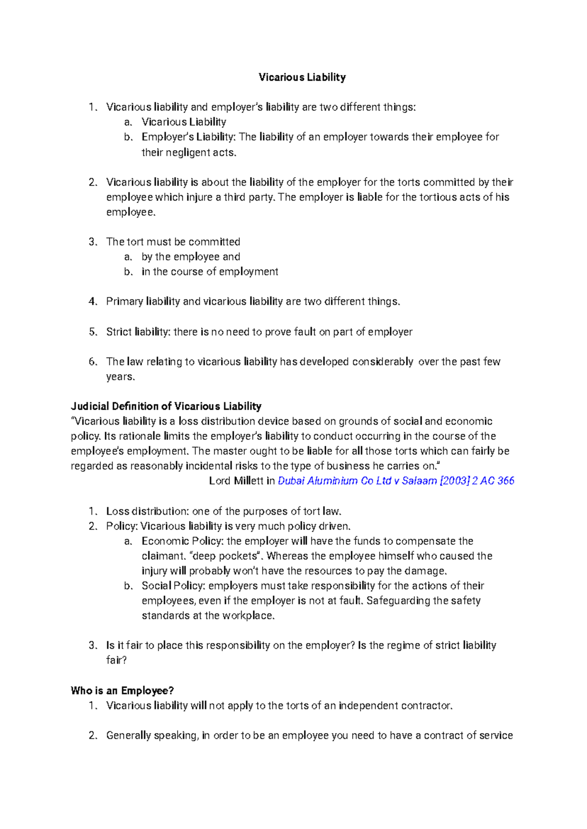 Vicarious Liability - Summary Tort Law - Vicarious Liability Vicarious ...