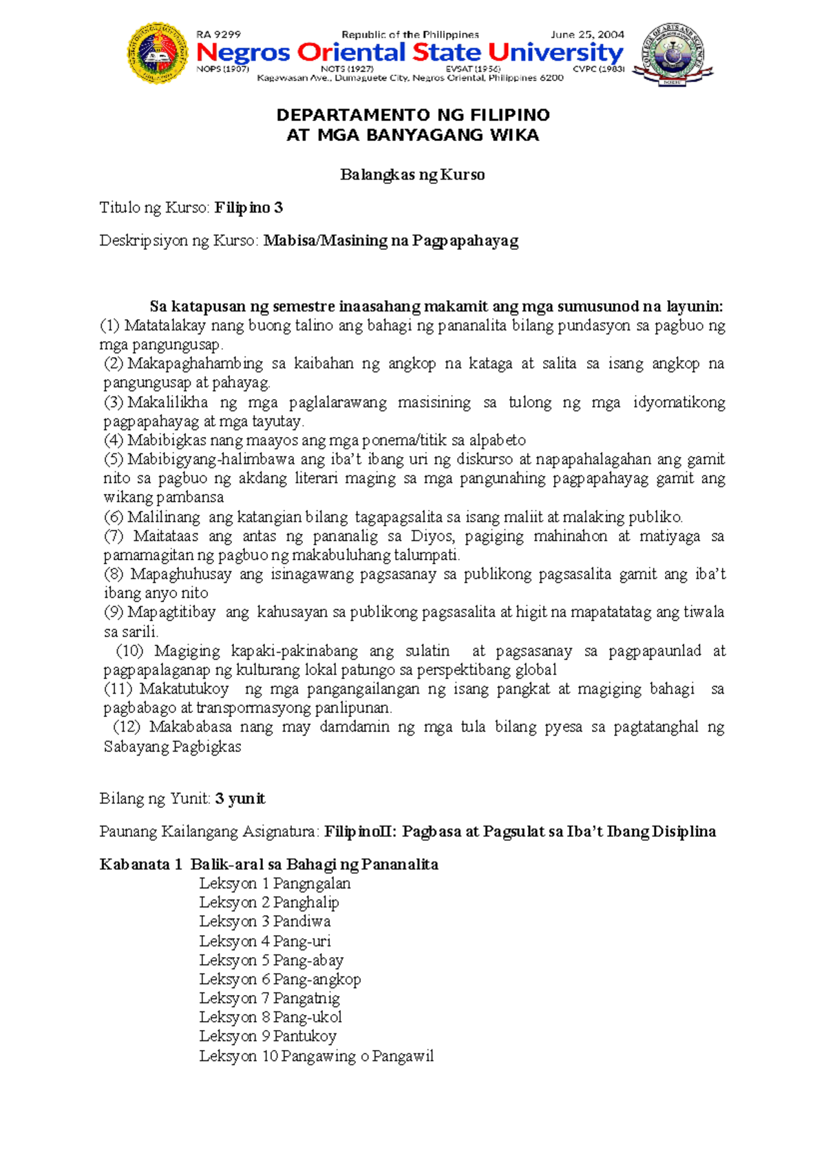 Fil3 Course Outline - DEPARTAMENTO NG FILIPINO AT MGA BANYAGANG WIKA ...