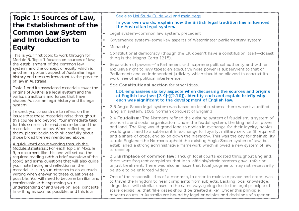 Module 3 notes - Topic 1: Sources of Law, the Establishment of the ...