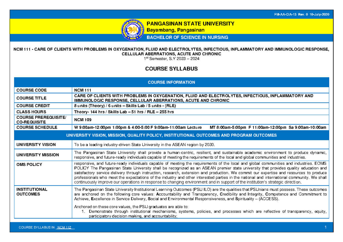 FM-AA-CIA-13-Syllabus-NCM 112 - NCM 11 1 - CARE OF CLIENTS WITH ...
