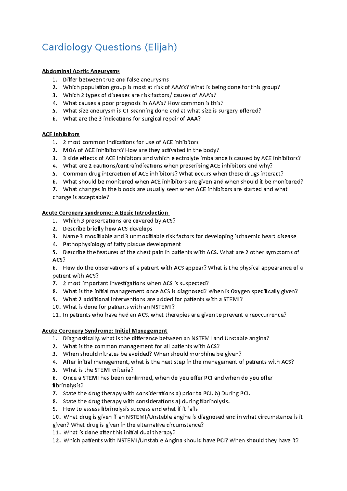 Cardiology Questions - MEDICINE FINALS NOTES - A100 - Keele - Studocu