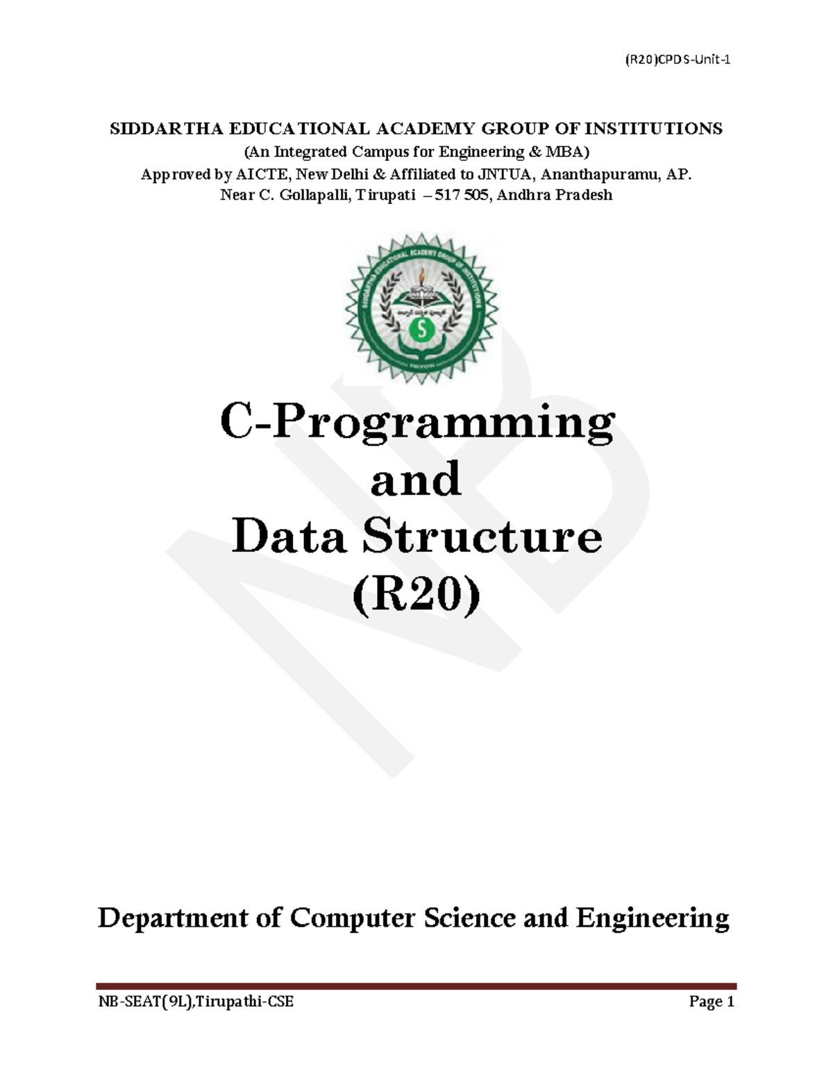 CPDS Unit 1 N - SIDDARTHA EDUCATIONAL ACADEMY GROUP OF INSTITUTIONS (An Integrated Campus for ...