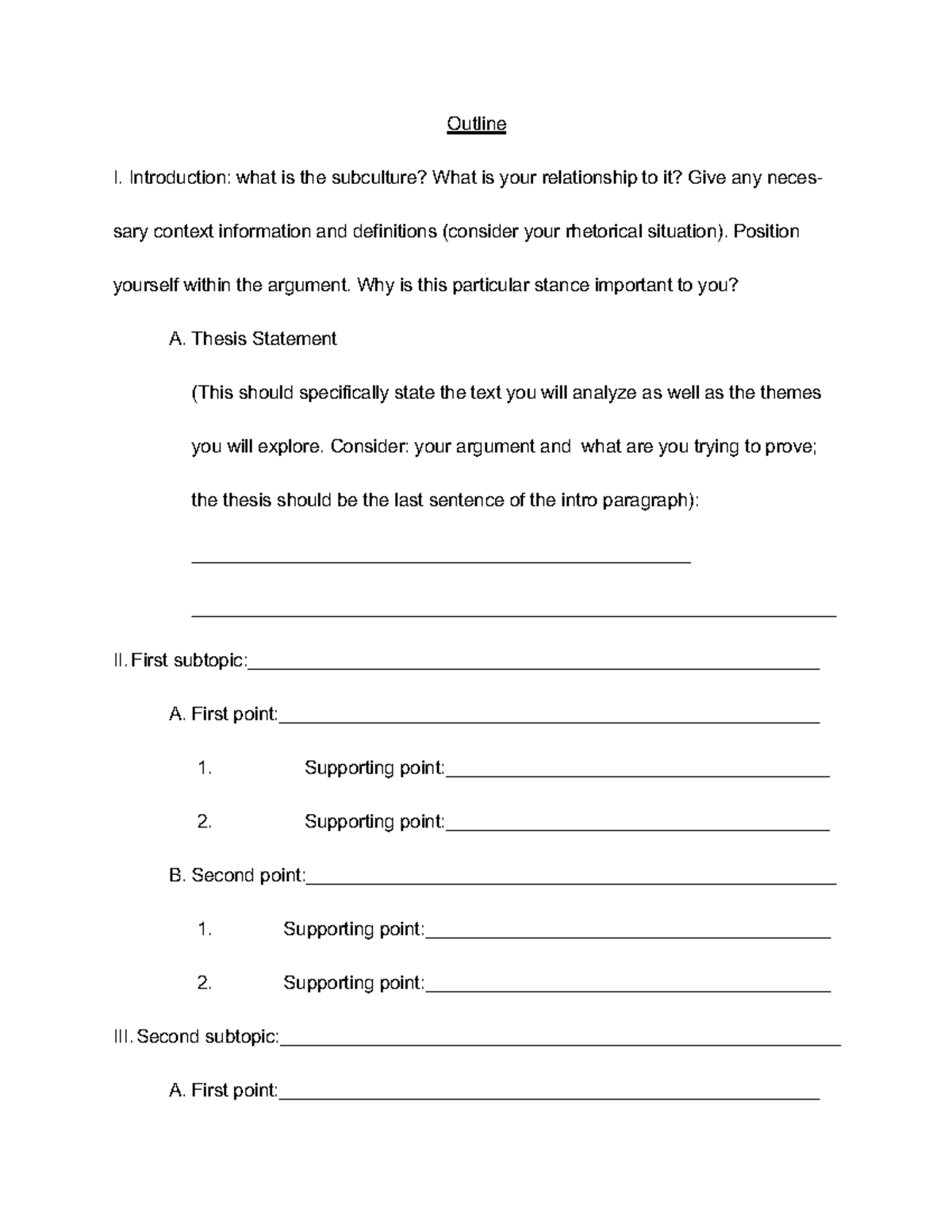Outline Template Researched Subculture Position Paper - Outline I ...