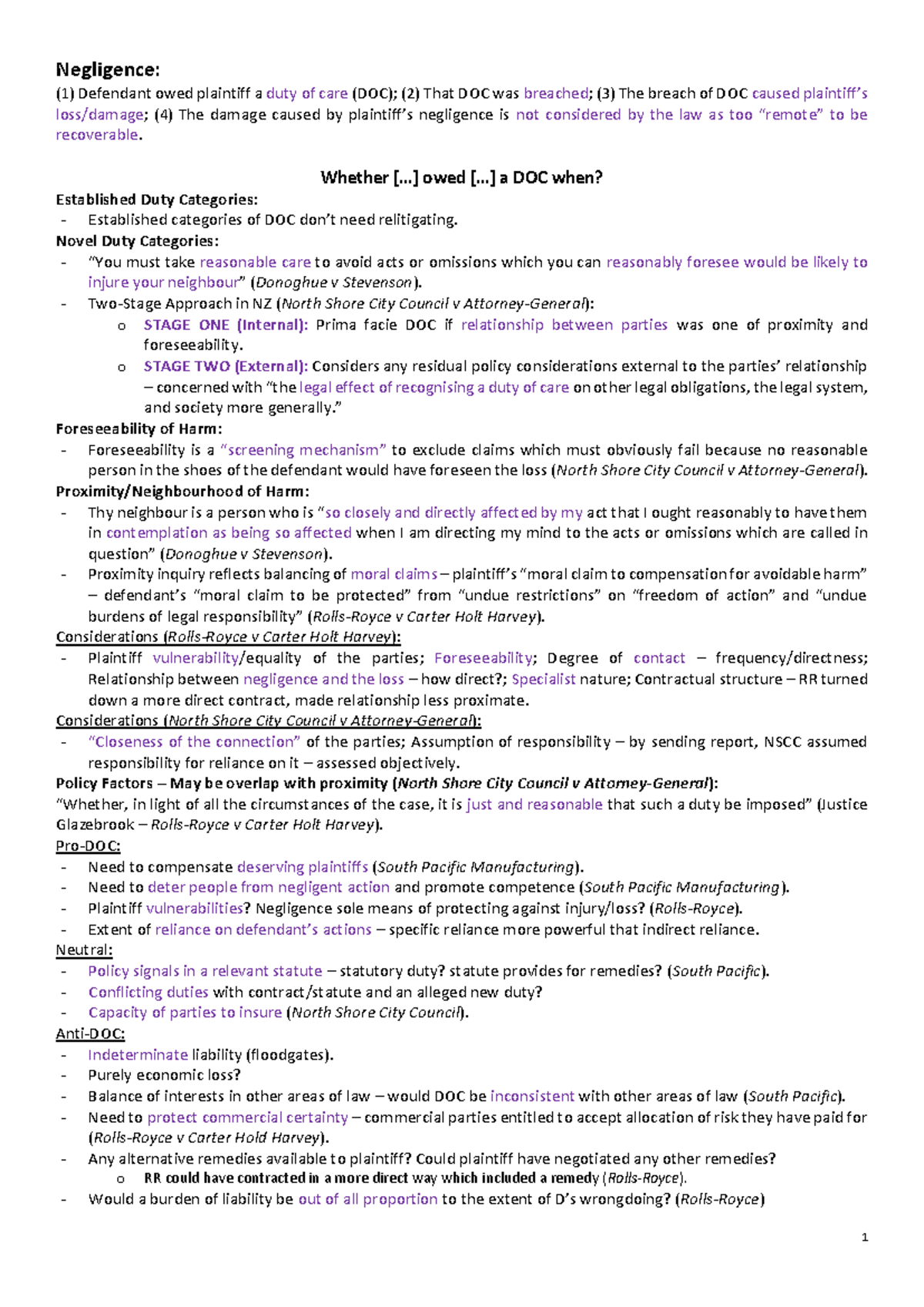 Torts Exam Bible - notes from note bank - Negligence: (1) Defendant ...