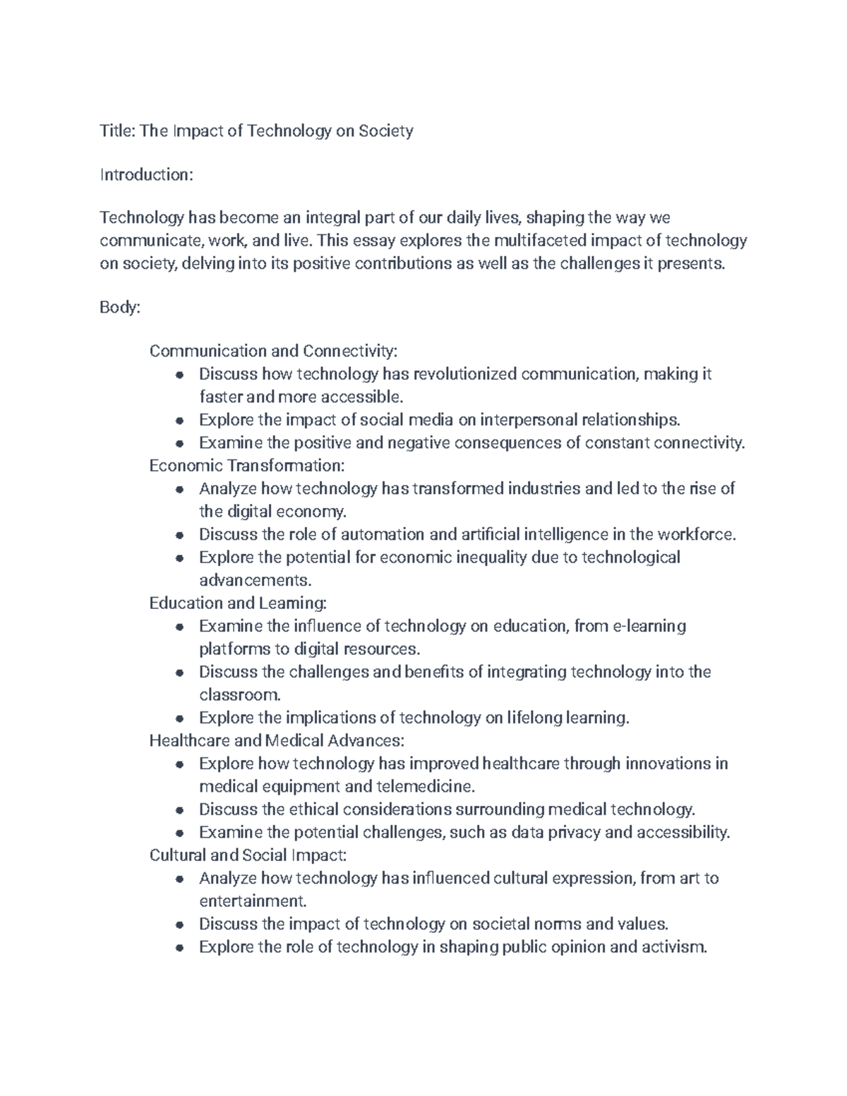 - outline for The Impact of Technology on Society - Title: The Impact ...