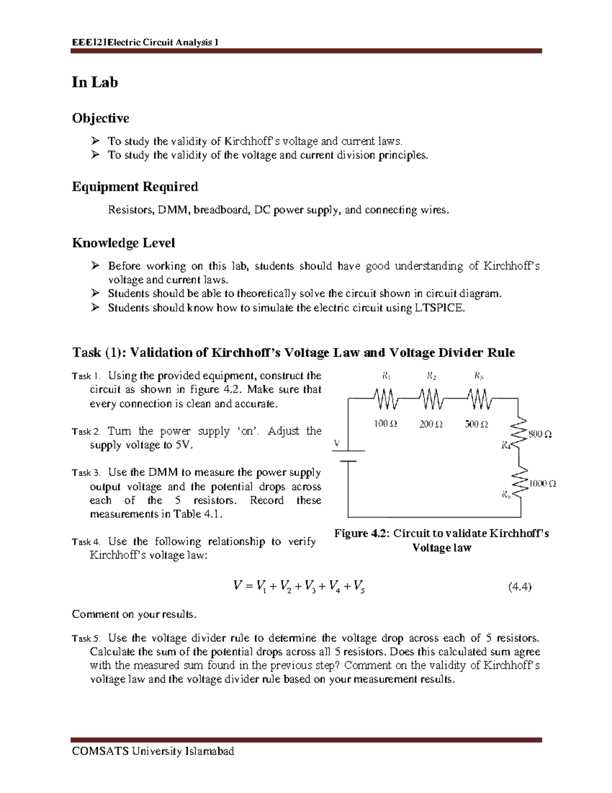 Lab - EEE121Electric Circuit Analysis I COMSATS University Islamabad In ...